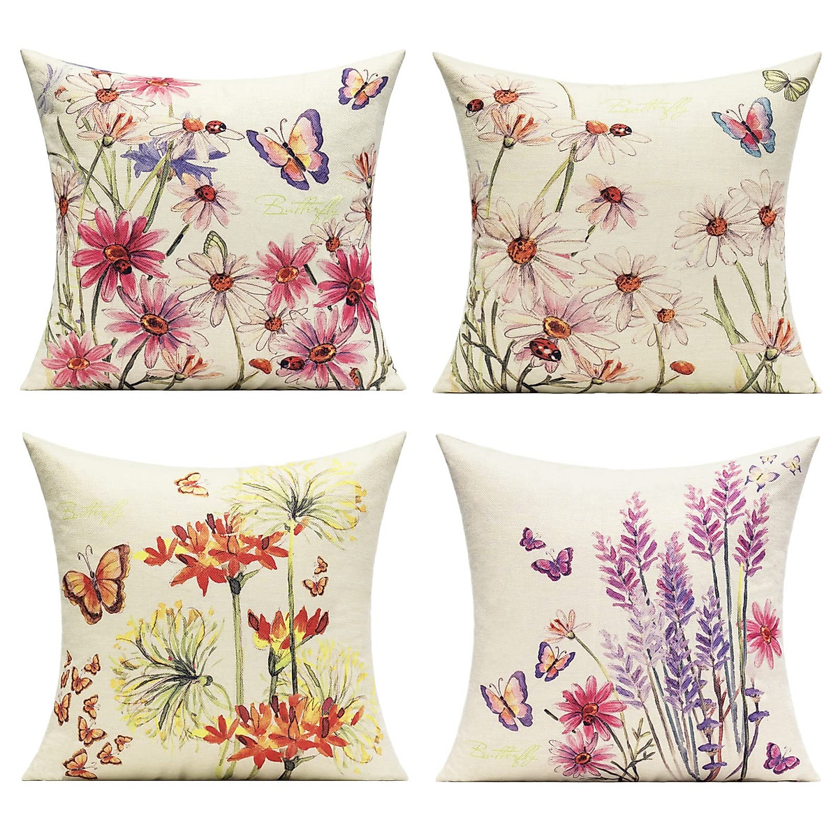 WOKANI Spring Outdoor Throw Pillow Covers 18x18 Set of 4 Decorative Cushion Cases for Patio Bench Couch Sofa Home Garden Decor,Butterfly Flower Floral Ladybug Lavender