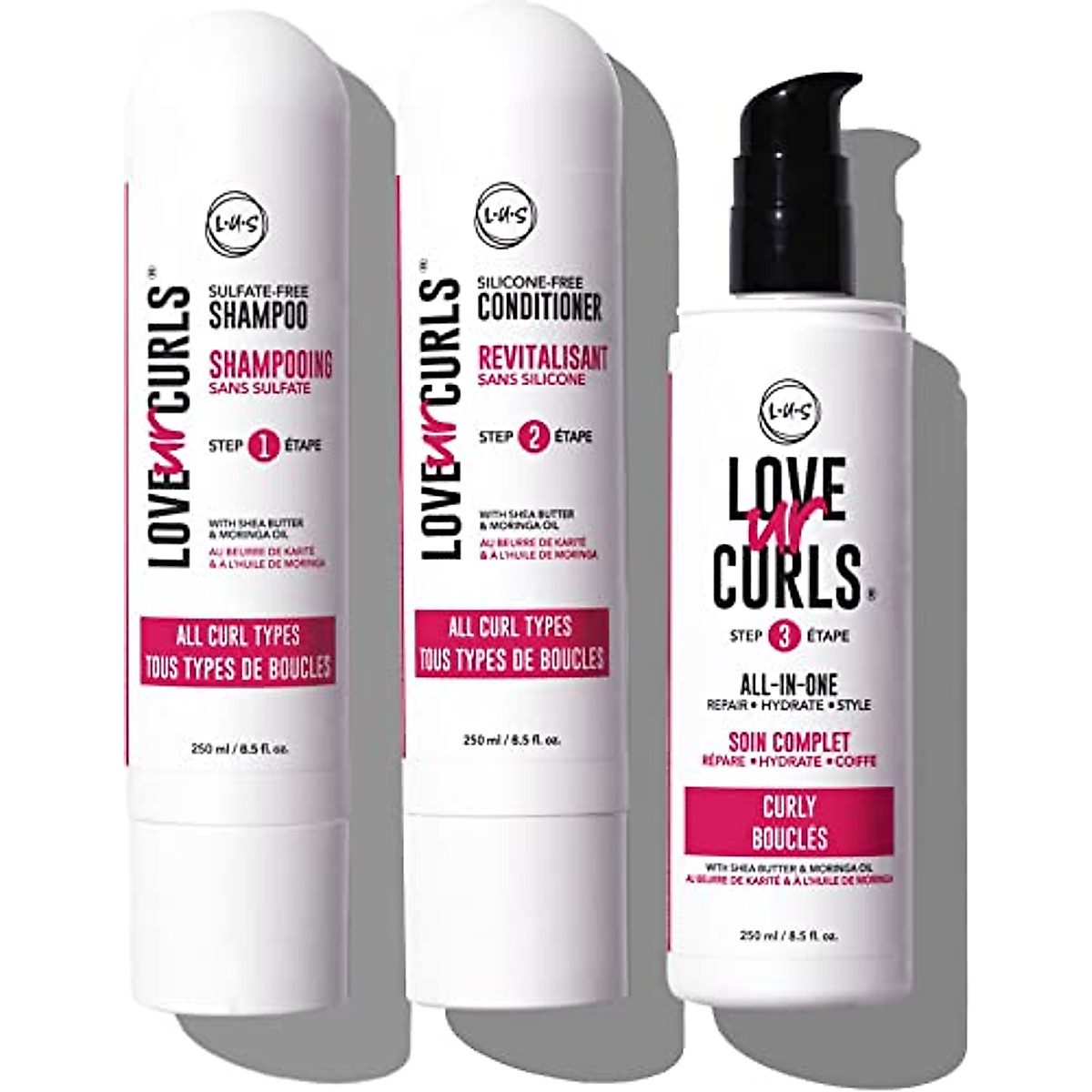 LUS Brands Love Ur Curls for Curly Hair, 3-Step System - Shampoo and Conditioner Set with All-in-One Styler - LUS Curls Hair Products - No Crunch, Nonsticky, Clean - 8.5oz each