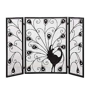 Deco 79 Metal Peacock Fireplace Screen Rainbow 3 Panel with Crystal Accents and Black Frame, 48" x 1" x 32", Blue