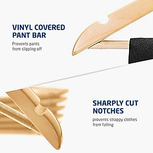 High-Grade Wooden Suit Hangers with Non Slip Pants Bar Smooth Finish Solid Wood Coat Hanger 360° Swivel Hook Precisely Cut Notches for Camisole, Jacket, Pant, Dress Clothes Hangers - 10 Pack, Natural