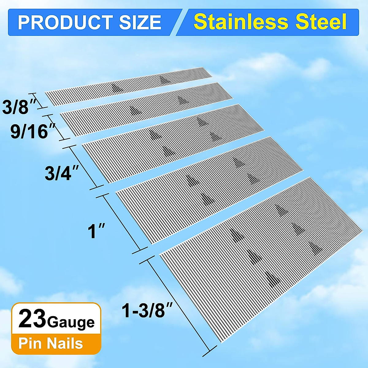 SimCos 23 Gauge Stainless Steel Pin Nails Headless Pinner Nails (3/8",9/16",3/4",1",1-3/8") assorted 5 sizes for Molding Cabinetry Building Assembly (5000)