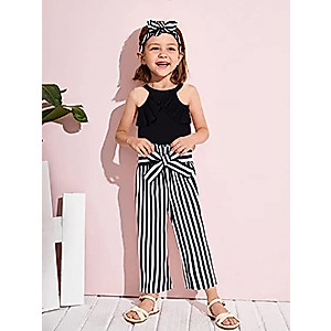 MIGU Girls Clothes Size 5T-6T Girls Clothes Summer Outfits black Sleeveless T-shirt Top + Stripe Pants + Headband 3Pcs Kids Girls Clothes Little Girl Clothes Size 5t 6t