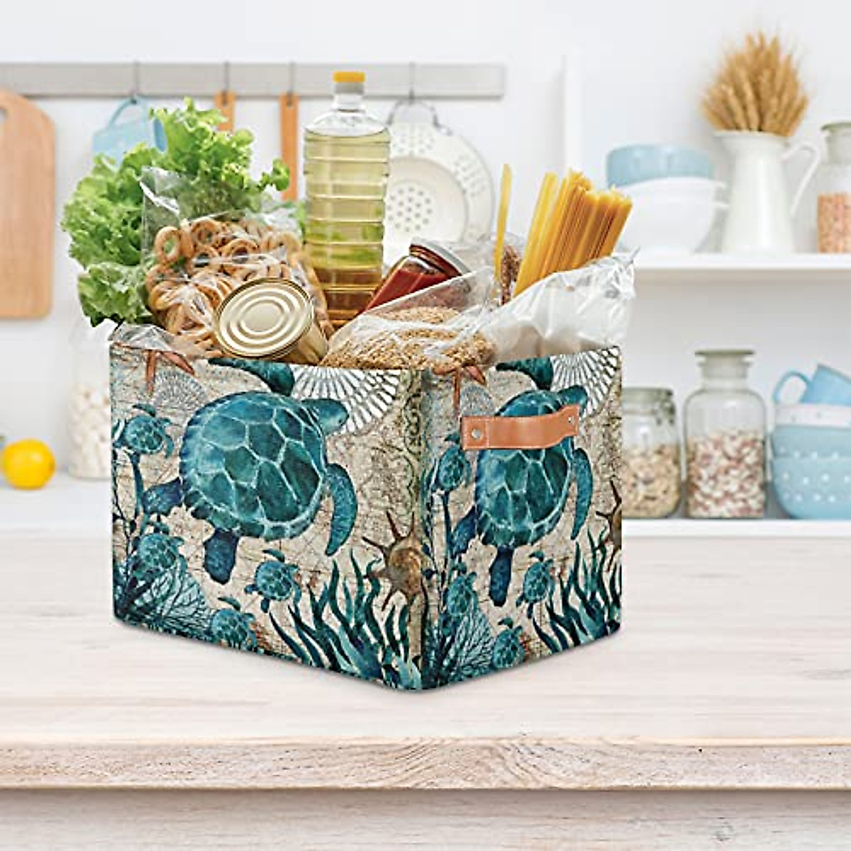 Ocean Turtle Rectangular Storage Bin, Sea Turtle Storage Basket with Handles, Toy Bins, Laundry Hamper, Books Clothes Bag, Gift Baskets for Nursery Home Closet