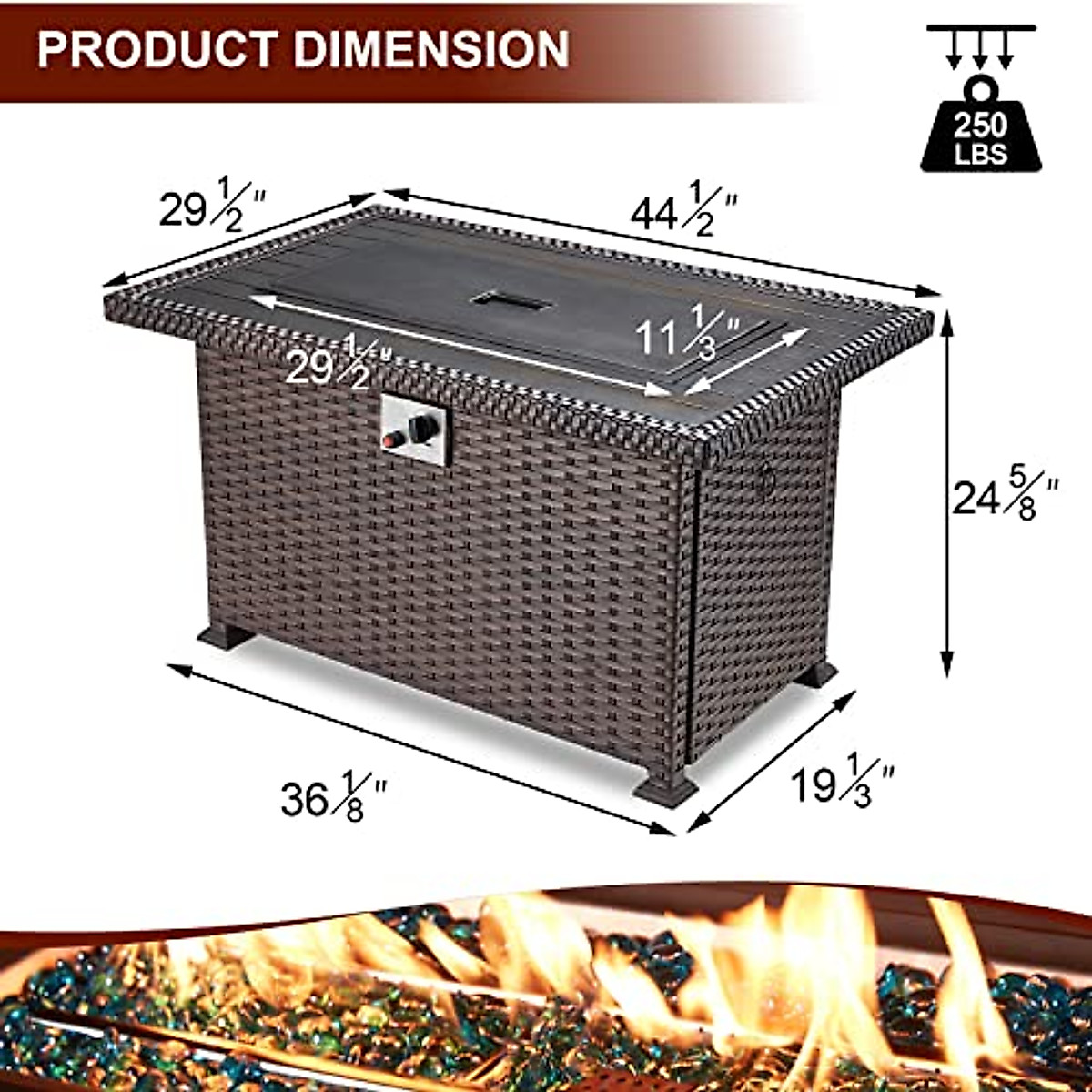 Vicluke 44in Porpane Fire Pit Table, Gas Fire Table for Outside with CSA Certification, 50,000 BTU Auto-Ignition Aluminum Propane Fire Pit with Lid, Cover, Glass Beads（Brown）