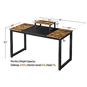 Yaheetech 55" Large Computer Desk with Movable Monitor Stand & Strong Legs, Modern Desk with Splice Board, Simple Writing Desk for Work/Study/Home/Gaming/Office, Rustic Brown & Black