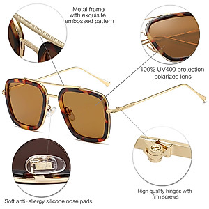 SOJOS Retro Square Polarized Sunglasses for Men Women Goggle Classic Alloy Frame HERO SJ1126 with Gold Frame/Tortoise Rim/Brown Lens