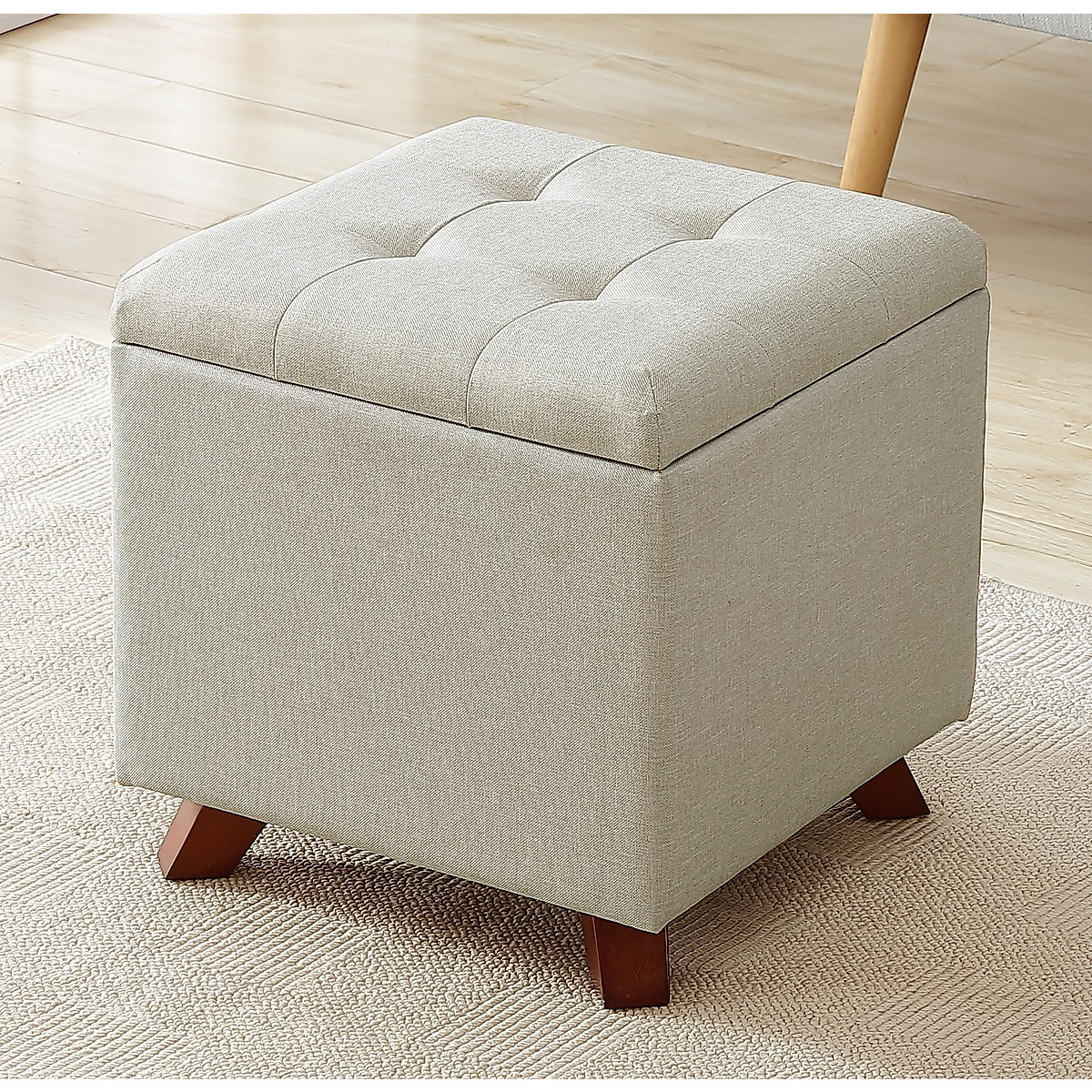 Ornavo Home Linen Tufted Square Storage Ottoman with Lift Off Lid, Ottoman with Storage for Living Room, Bedroom and Office, Beige