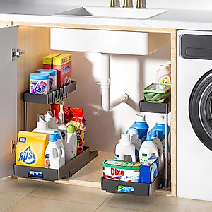 TidyLamu 2 Pack Under Sink Organizers and Storage, 2 Tier L-Shape Pull Out Under Cabinet Organizer, Black Under Bathroom Kitchen Sink Organizer with Drawer for Under Counter Storage Organizer