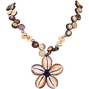 BlueRica Kaput Shells Flower on Brown Coconut Shell Disc Beads Necklace