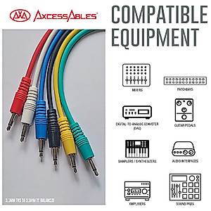 AxcessAbles 3.5mm TS to 3.5mm TS Patch Cables | 1/8 Inch TS Aux Cable Pack (1ft, 6 Pack) | 3.5mm TS Eurorack Synthesizer Audio Cables | Multicolor Unbalanced Patch Cables 1ft (6-Pack)