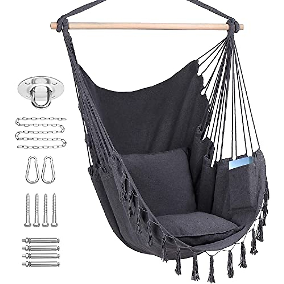 HFKJ Hammock Chair Hanging Rope Swing Chair with 2 Seat Cushions & Installation Kit, Max 330 Lbs, Handmade Macrame Hanging Chair for Bedroom Patio Yard Garden, Dark Grey