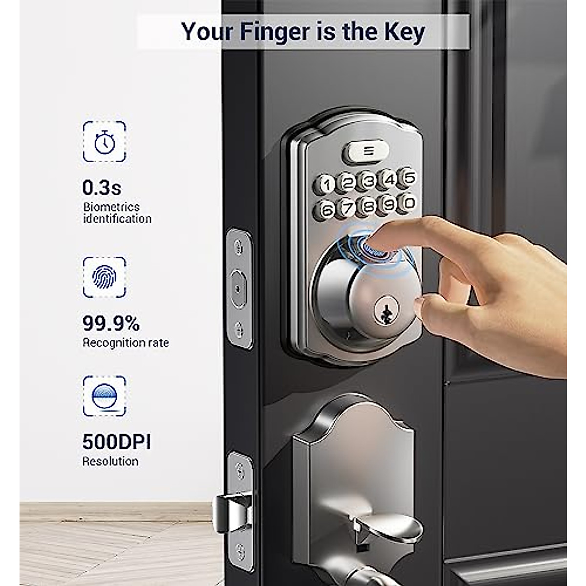 Veise Fingerprint Door Lock Set, Keyless Entry Door Lock, Front Door Handle Sets, Electronic Keypad Deadbolt with Lever Handle, 2 Keys, Auto Lock, Code Door Lock, Easy Installation, Satin Nickel