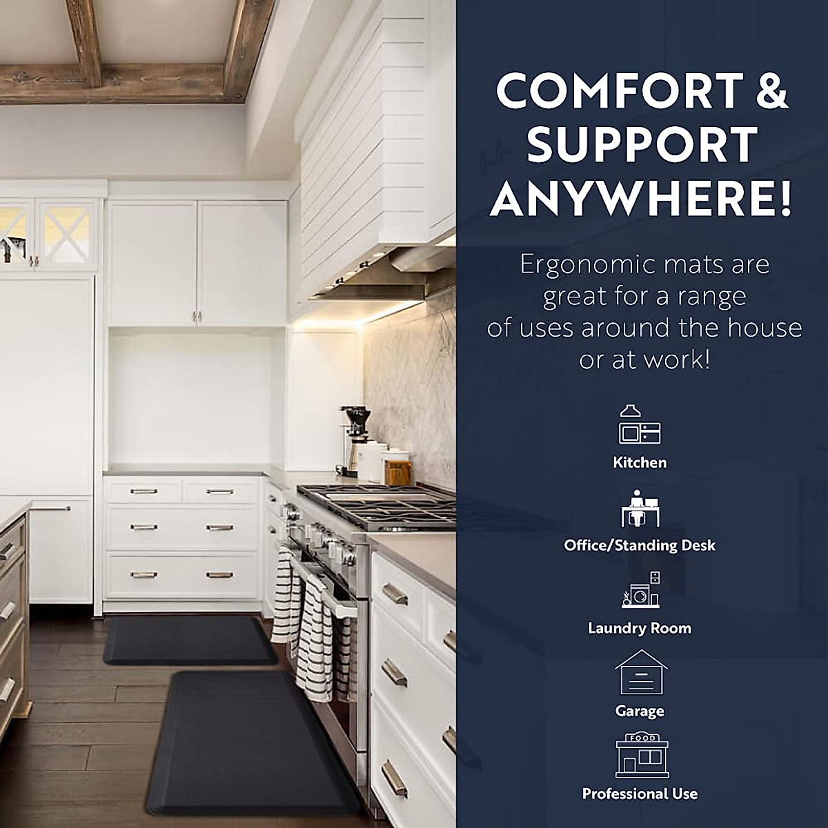 KANGAROO Thick Ergonomic Anti Fatigue Mats for Kitchen Floor, Cushioned Standing Office Desk Mat, Waterproof Scratch Resistant Topside, Supportive All Day Comfort Padded Foam Rugs, 17x24, Black