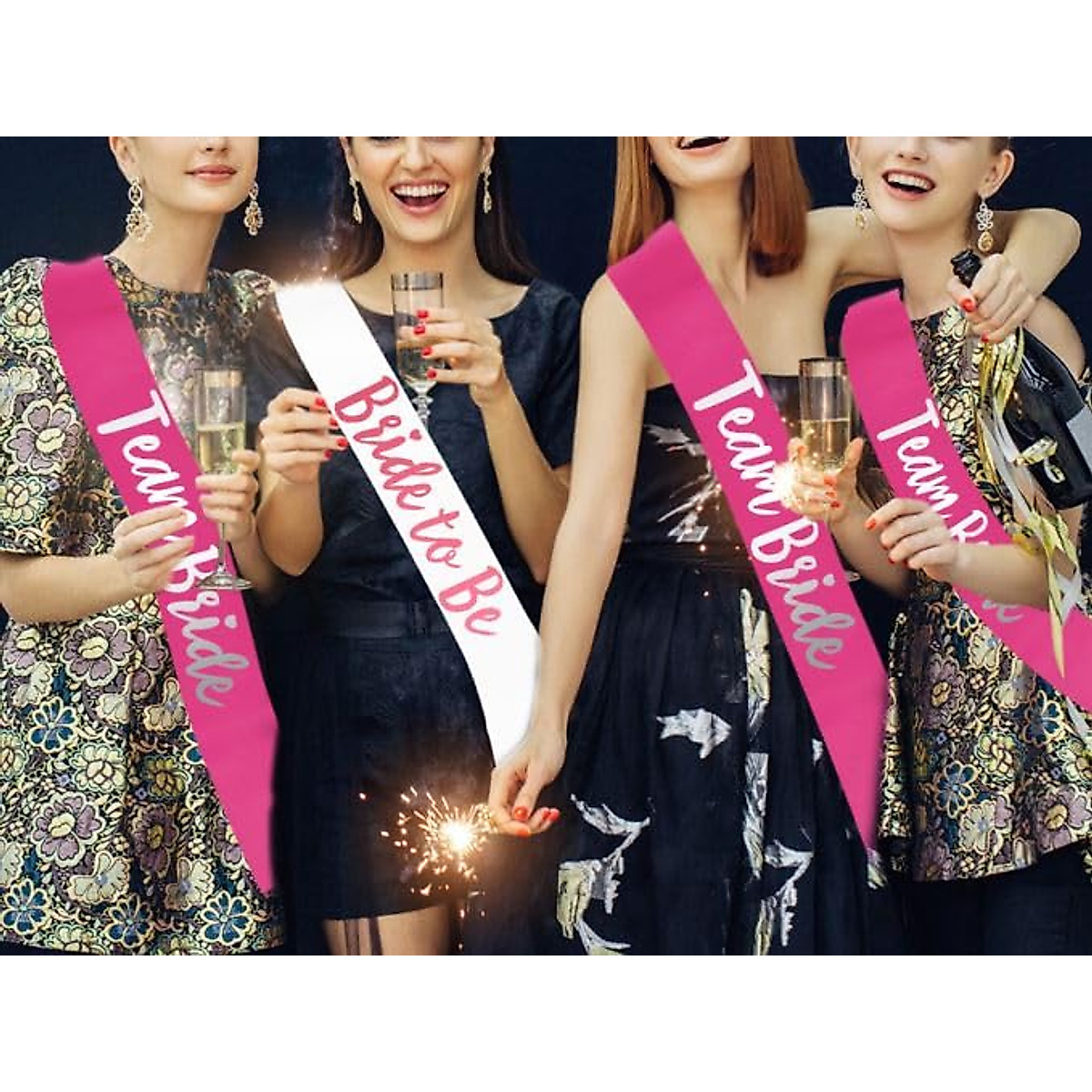 GDTO8820 Team Bride 7pc Satin Sash Set - Sophisticated & Fun Party Favors for Bachelorette Party, Bridal Shower & Wedding Party (7pc Set, White & Pink)