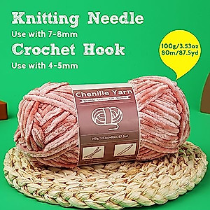 LUNARM 3 * 100g Chenille Yarn, Yarn for Crocheting Knitting with Big Eye Needles, Handcrafts Weaving Soft Chenille Yarn for Making Blankets, Clothes, Pattern Knitting Creations (Peach Pink)