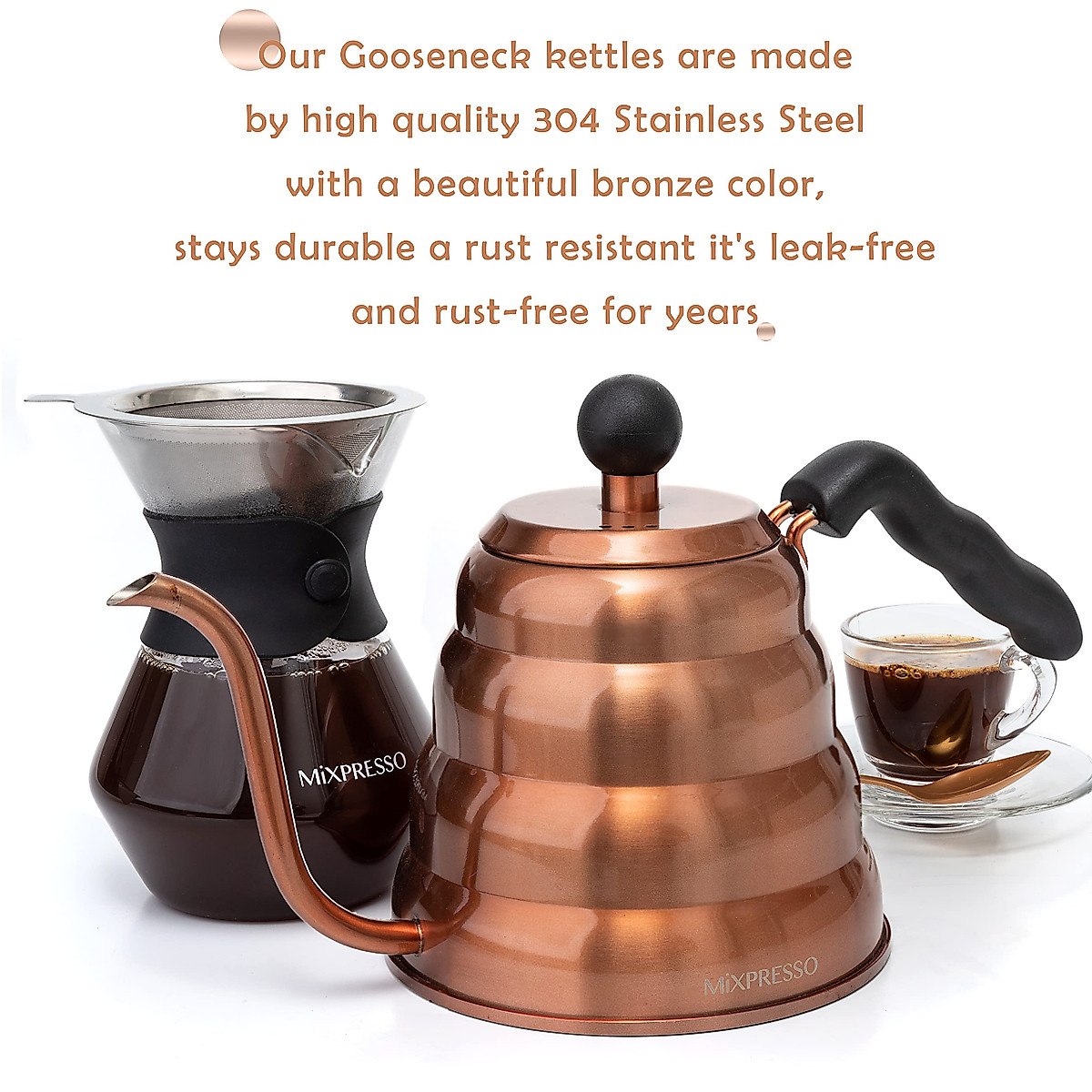 Mixpresso Gooseneck Pour Over Coffee Kettle, Barista Pour Control Design For Coffee & Tea High-Grade Stainless Steel 1.2 Liter (40 Oz) Drip Coffee Induction Cooker, Copper Stovetop Kettle