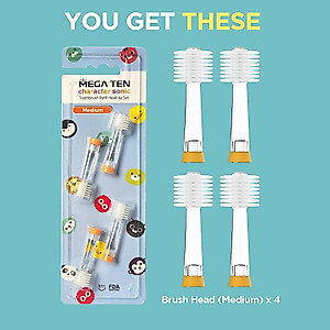 MEGATEN Kids 360 Degree Ultrasonic Electric Toothbrush Refill Brush Head - Made in Korea - Soft Microfiber Bristles - BPA Free - Over 48months, Medium 4ea