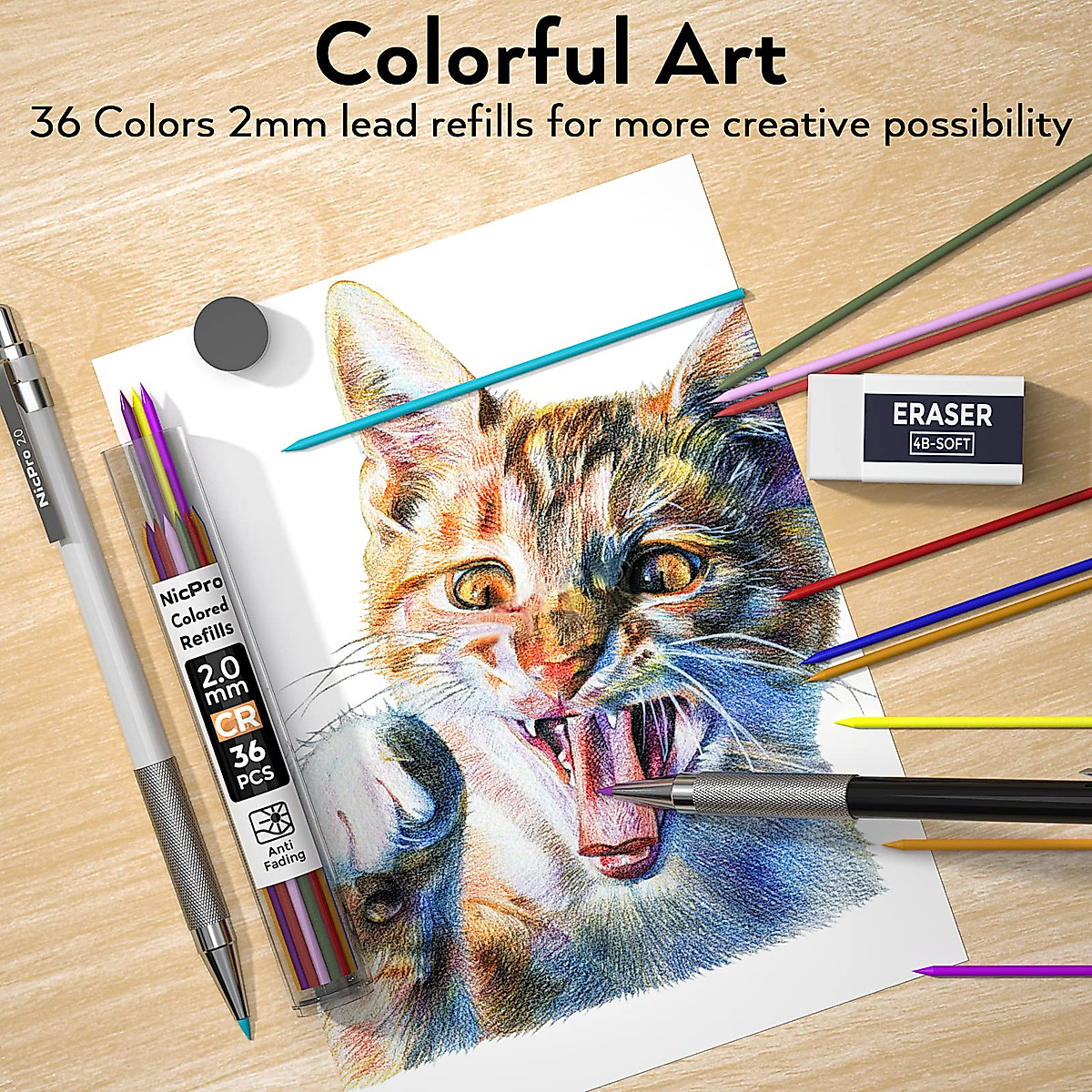 Nicpro 17PCS Metal 2mm Mechanical Pencil Set in Leather Case, 2.0 mm Lead Pencil Holders (4B 2B HB 2H 4H) 6 Tube Black Lead Refills & Colored Lead, Erasers,Sharpener For Art Drafting Sketching Drawing