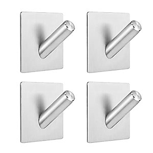 FULGENTE Adhesive Hooks Heavy Duty Hooks Wall Hangers Waterproof Stainless Steel Towel Hanger Holder Stcik on Hooks for Hanging Kitchen Bathroom Home Bathroom Towel Hooks- 4Packs