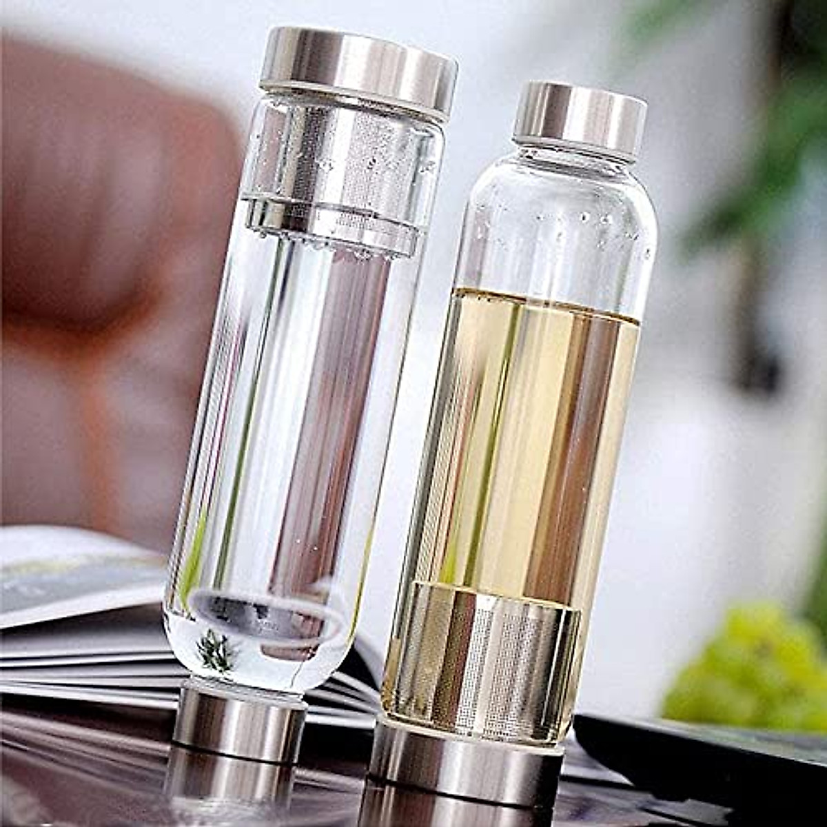 NC Glass Water Bottles with Infuser Strainer 18oz Glass Water Bottle with Stainless Steel Filter Leak Proof Tea Tumbler with Nylon Protective Sleeve (Black, 18OZ)