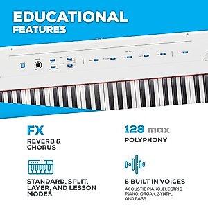 Alesis Recital – 88 Key Digital Piano Keyboard with Semi Weighted Keys, 2x20W Speakers, 5 Voices, Split, Layer and Lesson Mode, FX and Piano Lessons