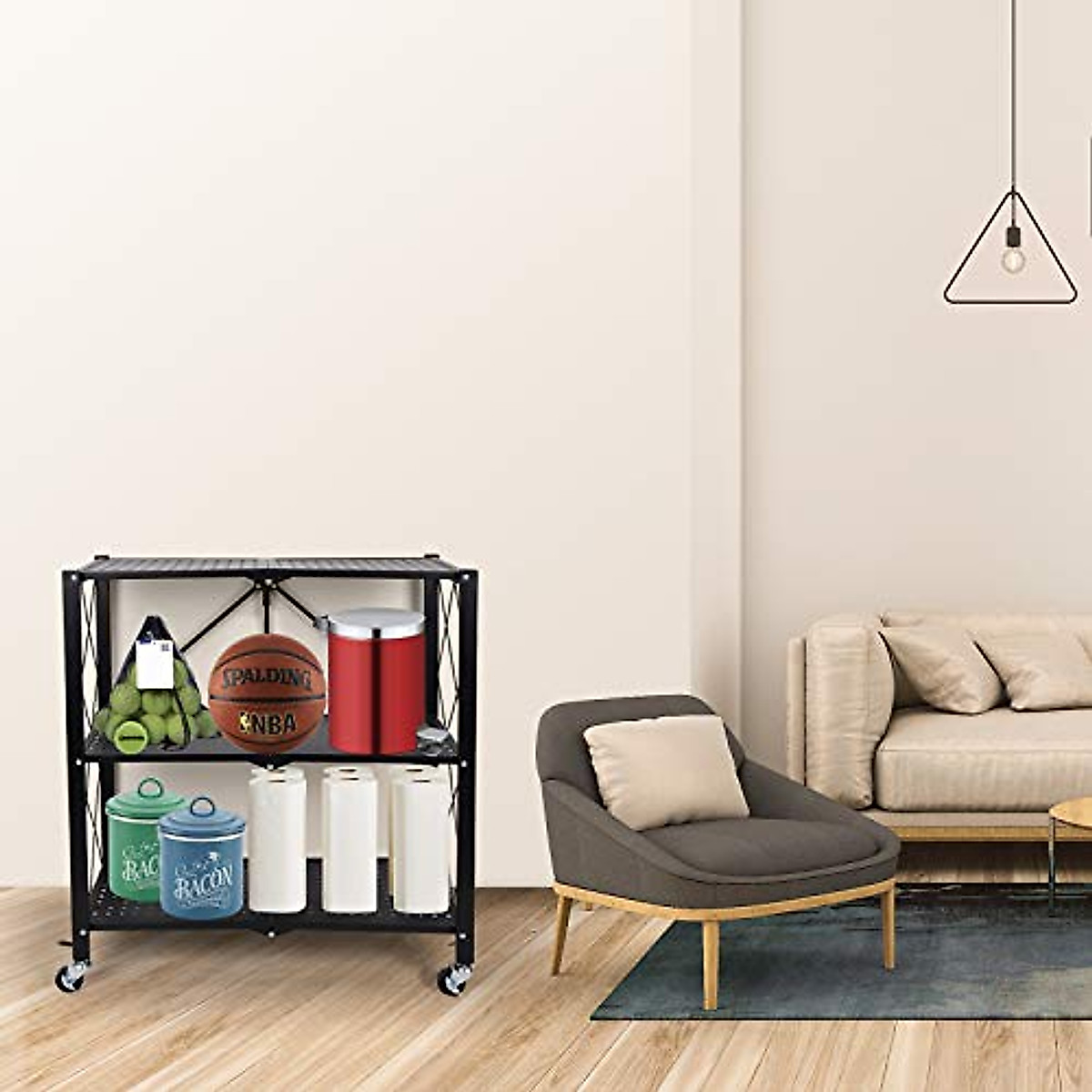 HealSmart 3-Tier Foldable Metal Heavy Duty Storage Shelving Unit with Wheels, Organizer Shelves for Garage Kitchen Holds up to 750 lbs Capacity, Black