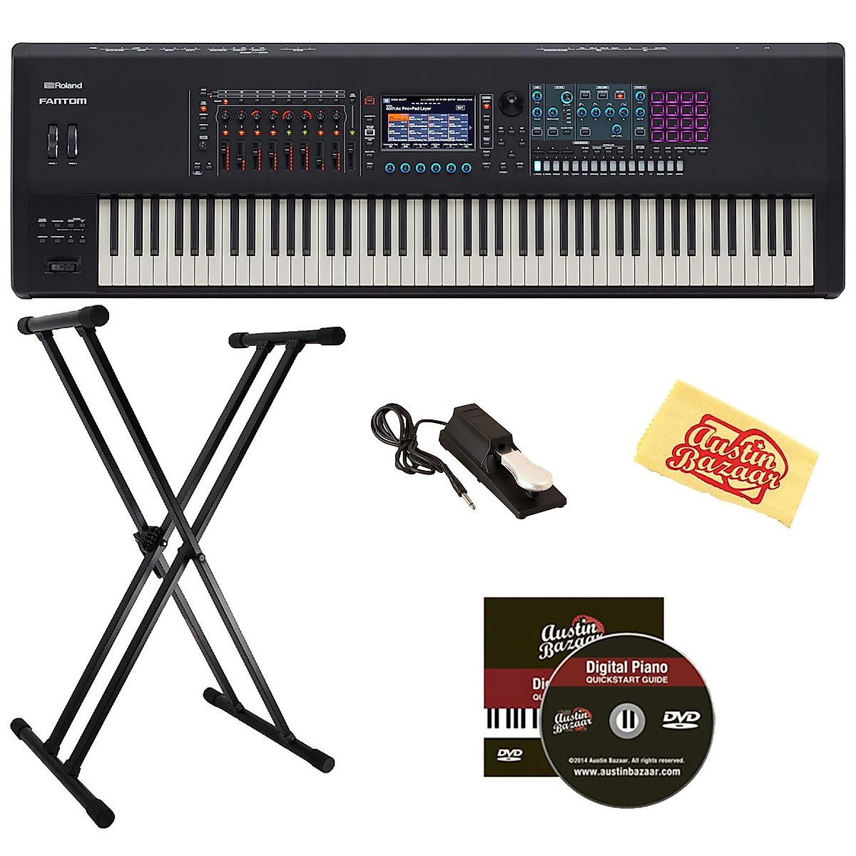 Roland Fantom-08 Synthesizer Keyboard - Bundle with Double Braced X-Style Keyboard Stand, Sustain Pedal, Instructional DVD, Online Piano Lessons, and Austin Bazaar Polishing Cloth