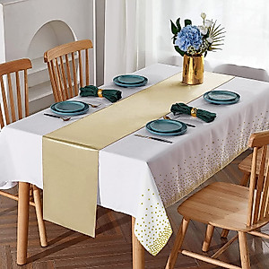 16Pack Disposable Plastic Tablecloths and Satin Table Runner Set White and Gold Dot Tablecloth Gold Satin Table Runner for Wedding Birthday Baby Shower Anniversary Christmas New Year Party Decorations