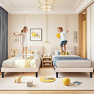 VECELO Twin Bed Frame with Type-C & USB Ports, Upholstered Platform Height-Adjustable Cotton and Linen Headboard, No Box Spring Needed, Noise-Free, Easy Assembly, Beige