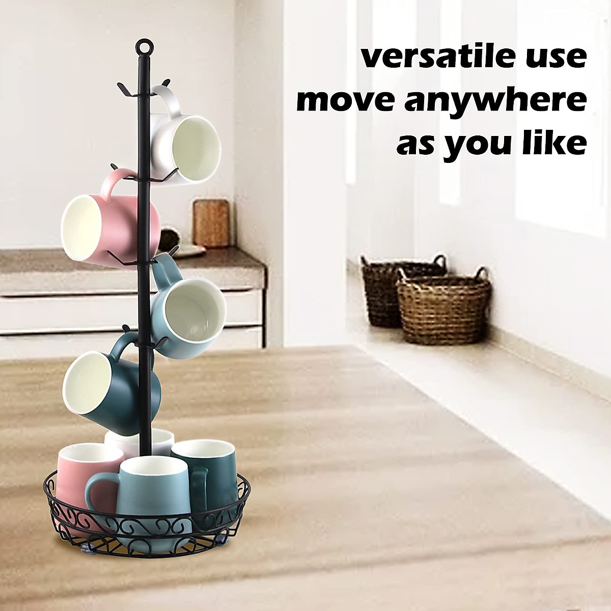 Coffee Mug Holder Stand with 8 Rotatable Hooks, Capsule Storage, Multipurpose Mug Holder, Coffee Station Organizer, Mug Tree for Kitchens, Offices, Parties & More, Black, 10.2(L)x10.2 (W)x24.4(H)inch