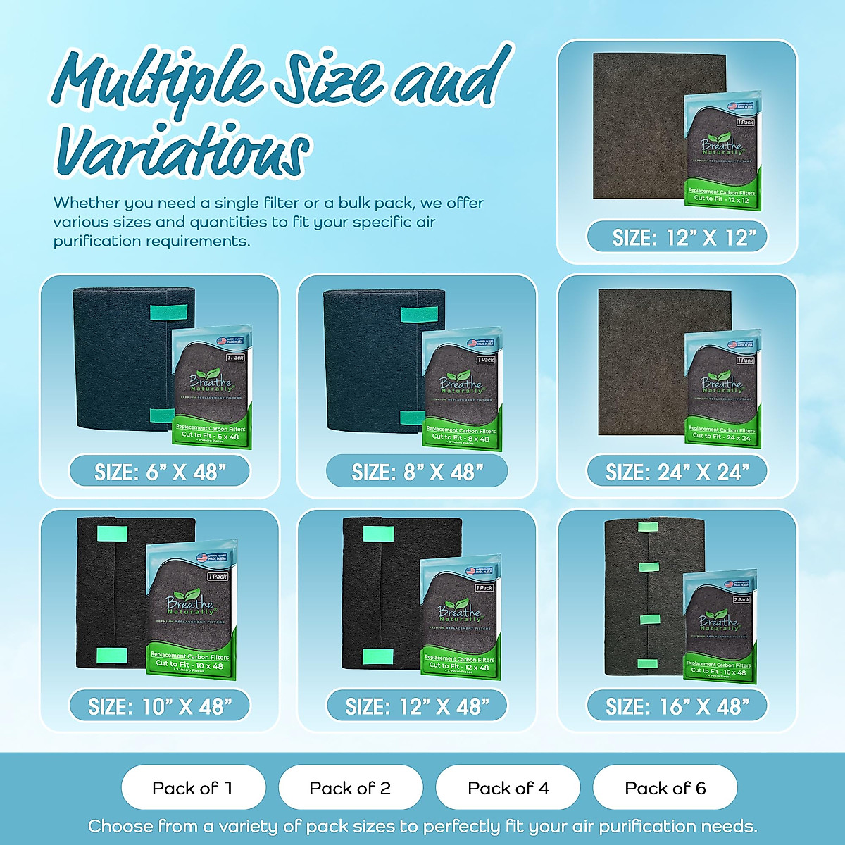 Breathe Naturally Universal Cut To Fit Activated Carbon Air Filter - Replacement Charcoal Air Filters - Carbon Filter Sheet for Air Purifier, Vent Filters & More - Made in USA (Pack of 1, 12x48)