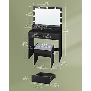 VASAGLE Vanity Desk with Power Outlets, Makeup Vanity with Mirror and Lights, with Upholstered Vanity Stool, 9 Dimmable LED Lights, 2 Compartments, 2 Drawers, for Bedroom, Ink Black URDT029B01