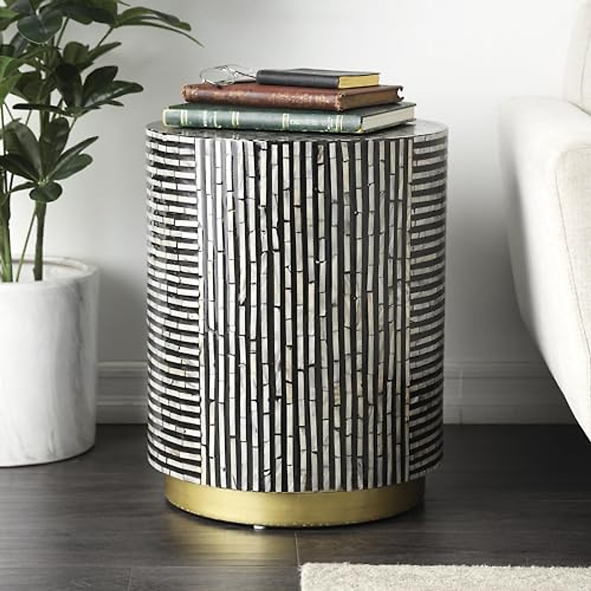 Deco 79 Mother of Pearl Shell Geometric Drum Accent Table with Gold Base, 18" x 18" x 23", Black