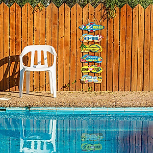 6 Pack Wooden Pool Rules Signs 4 x 11 Inch Summer Slippers Hanging Wooden Sign Outdoor Decorations for Swimming Pool Decor, Assemble by Yourself