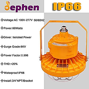 60W LED Explosion Proof Light, UL 844 Certified Class I Division II High Bay Warehouse Lighting, 8400 Lumens 240W Equivalent, 5700K Daylight, IP66 Waterproof, 3/4" NPT/Bracket Installation
