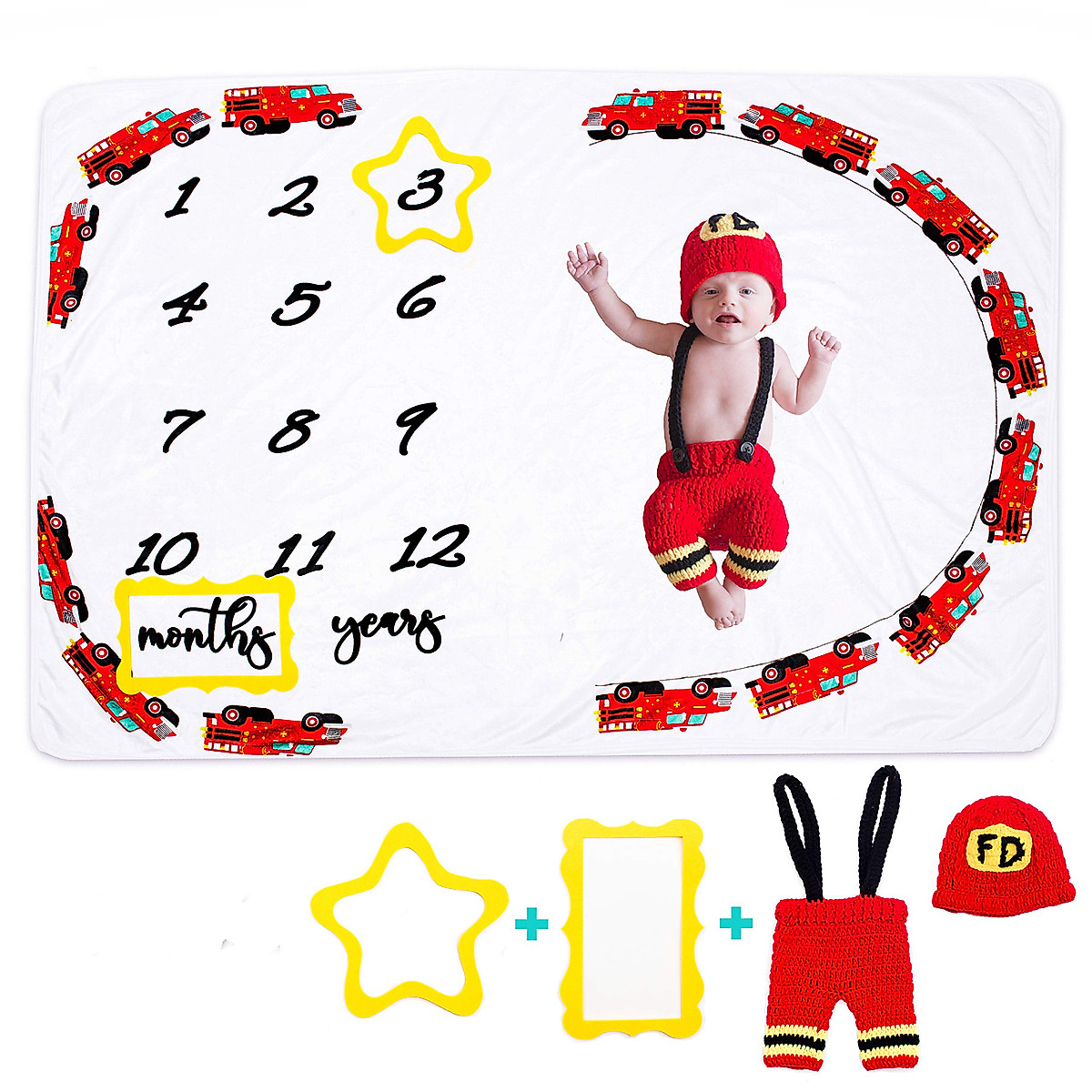 Baby Monthly Milestone Blanket boy | Free: Truck Costume + Star and Rectangular Felt Frames | Plush Extra Soft Fleece | Photography Backdrop Memory | Large 40" x 60" | Newborn