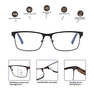 Kafirlo Progressive Multifocal Reading Glasses Men No Line Multifocus Transition Blue Light Blocking Computer Reader Multi Focus Metal Full Wide Frame Spring Hinge Designer Magnifying Eyeglasses 1.25