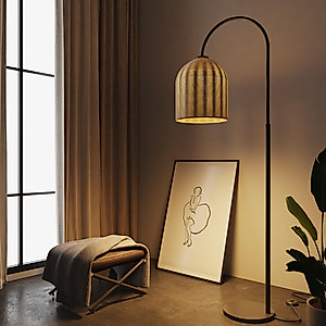 Rattan Floor Lamp, 63in. boho floor lamp with Natural Rattan Shade, Rustic Arc Standing Lamp for Coastal, Beach or Bohemian Style Decor, E26 Socket, On/Off Footswitch Lamp for living room, Bedroom