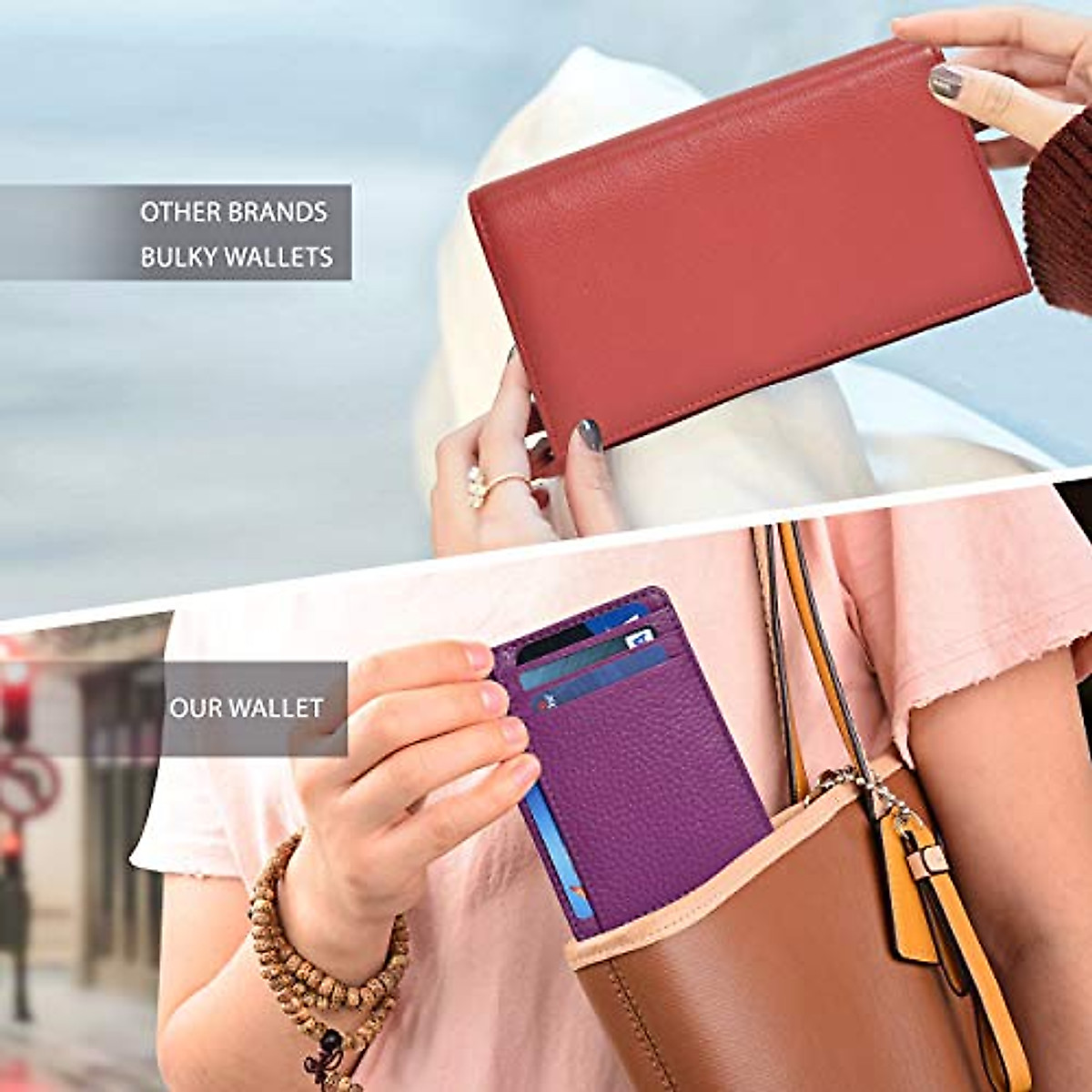 Leather Minimalist Wallet for Men & Women RFID Front Pocket Leather Card Holder Wallets (Fuchsia, Small)
