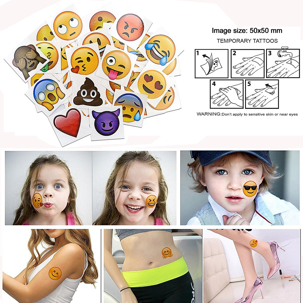 Emoji Temporary Tattoo(160pcs 2inch),Konsait Funny Emoji tattoos Body Stickers for Kids Children Adults for Emoji Party Favors Supplies with Poop Kissing Heart Sunglasses Smirk Relaxed Smile Emoticon