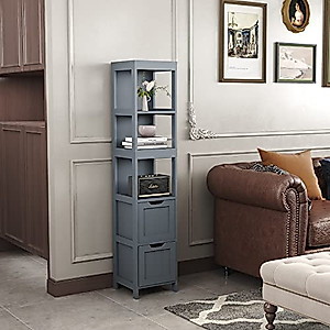 HOMEFORT Bathroom Storage Cabinet, Slim Tall Cabinet, Narrow Floor Cabinet Organizer, Wooden Linen Tower with 2 Drawers and 3 Shelves, Freestanding Storage Cupboard (Grey)