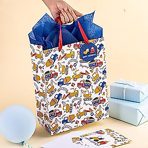 WRAPAHOLIC 13" Large Birthday Gift Bags with Card and Tissue Paper - Car Design for Kids Birthday, Gift Wrap