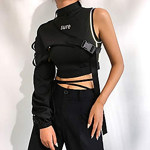 FlyCC Women Sexy One Shoulder Adjustable Buckle Crop Tops - Reflective Festival Rave Form Fitting Shrugs Black