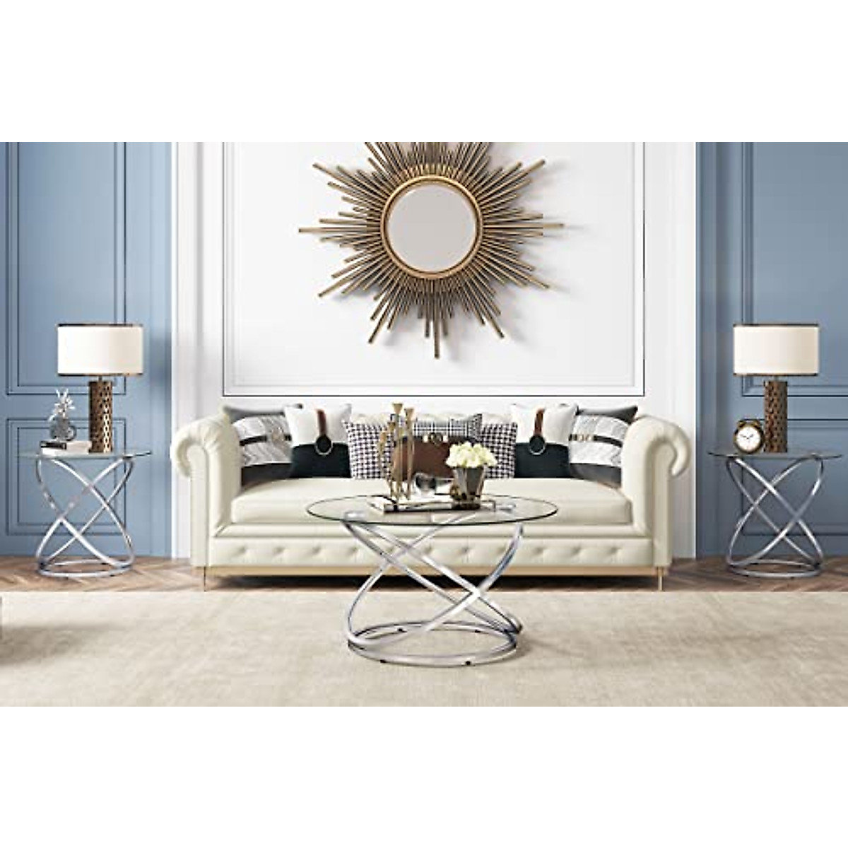 OIOG Round Coffee Table, Glass Coffee Tables for Living Room, Modern Coffee Table with Tempered Glass Tabletop, Chrome Finish (Silver)