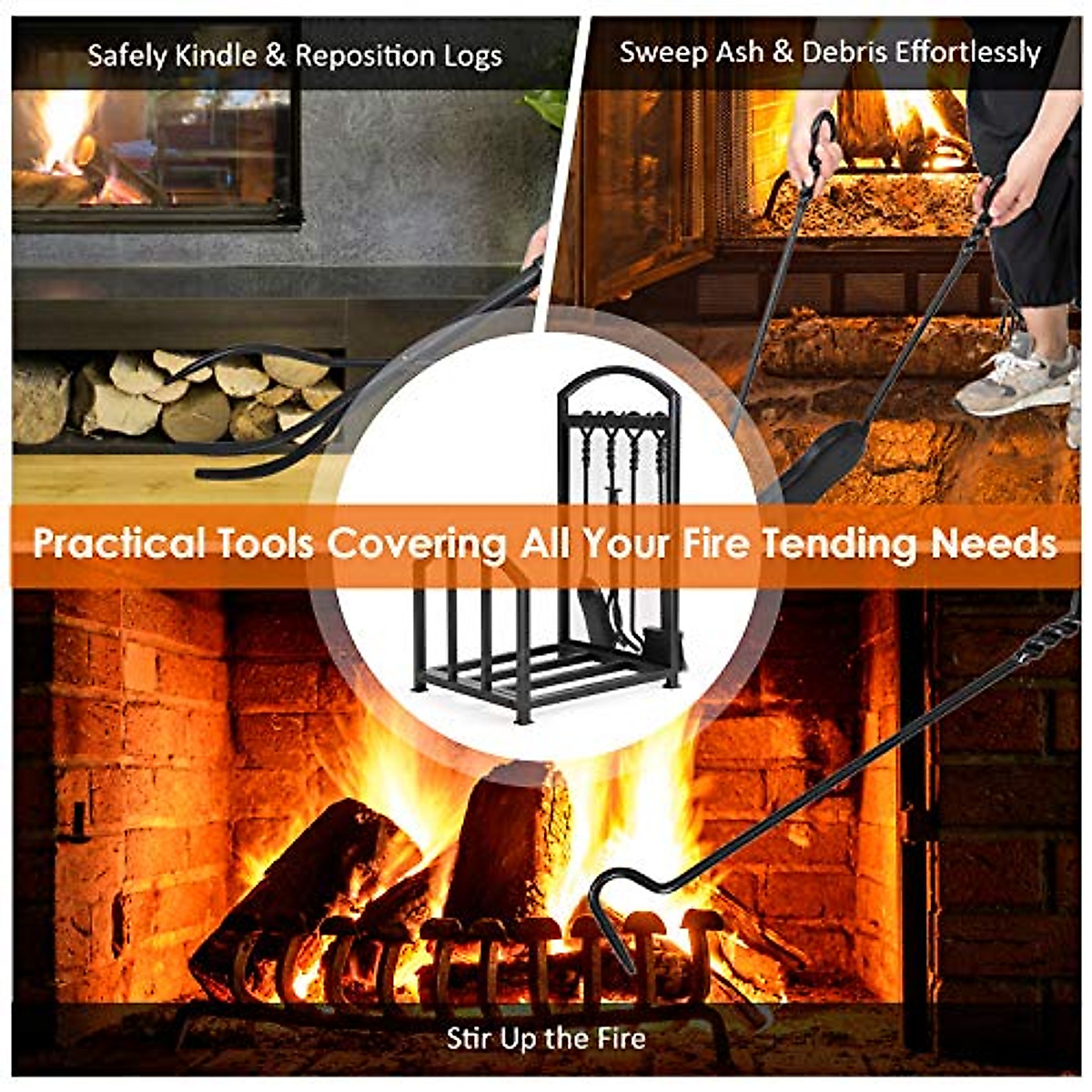 HAPPYGRILL Firewood Log Rack Indoor Outdoor Fireplace Storage Holder with 4 Tools Set