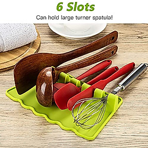 JINCAO 6 Slot Silicone Kitchen Utensil Rest with Widen Drip Pad for Multiple Utensils, Anti-slip Heat Resistant BPA-Free Rest Holder, Grill Utensil Rest, Upgraded Spoon Holder for Stove Top (Green)