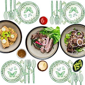 AWLZJZQA 168 Pcs Butterfly Plates and Napkins Party Supplies Serve 24 Guests Sage Green Birthday Plates Disposable Tea Party Decorations Happy Birthday Paper Plates Cups Flower Decor Spring for Women