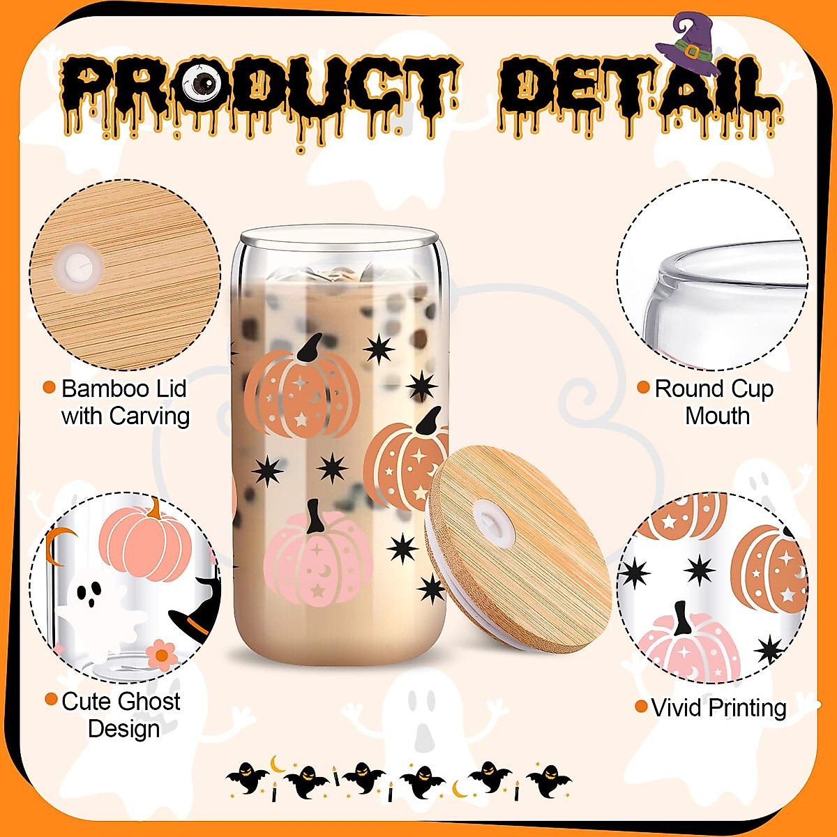 SiliFine 6 Pcs Halloween Drinking Party Glasses 16 oz Ghost Pumpkin Glass Cup with Bamboo Lid and Glass Straw Spooky Can Shaped Beer Glass Bat Mason Jar Glass Cups for Halloween Party Gift