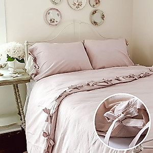 BISELINA 100% Washed Cotton Duvet Cover Set 3pcs with Bowknot Ties Strap Solid Color Linen Like Textured Durable Breathable Soft Comfy Chic Bedding (King, Pale Pink)