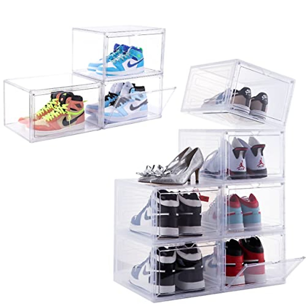 Attelite 6 Pack Large Drop Front+3 Pack X-Large Side Open Shoe Box Clear Plastic Shoe Storage Box, As Stackable Shoe Containers for Display Sneakers